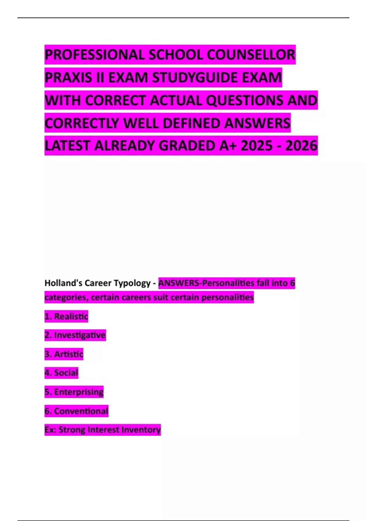 PROFESSIONAL SCHOOL COUNSELLOR PRAXIS II EXAM STUDYGUIDE EXAM WITH ...