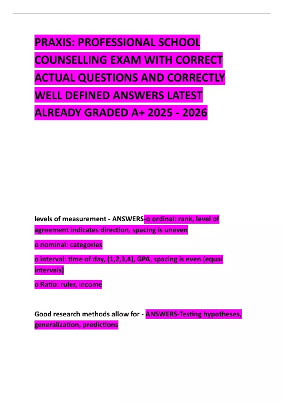 PRAXIS: PROFESSIONAL SCHOOL COUNSELLING EXAM WITH CORRECT ACTUAL ...