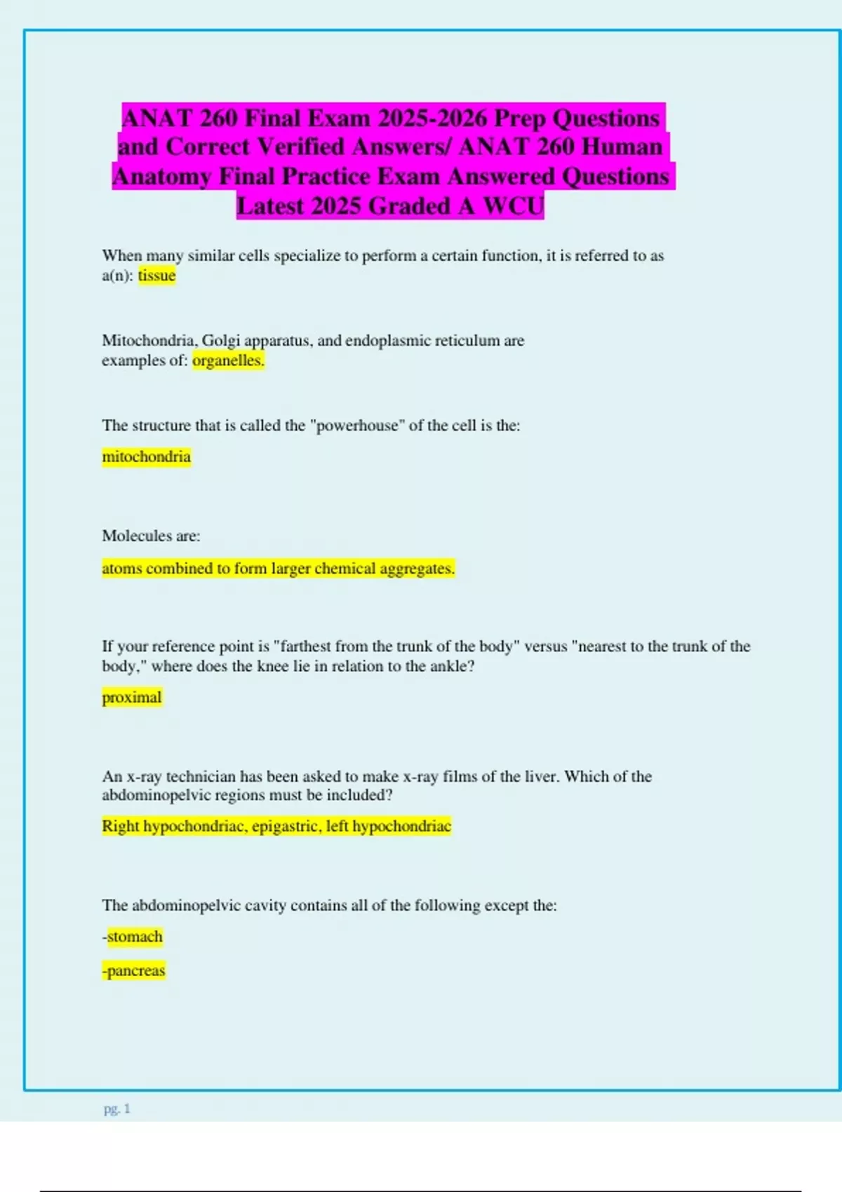 ANAT 260 Final Exam Prep Questions and Correct Verified Answers/ ANAT 260 Human Anatomy Final ...
