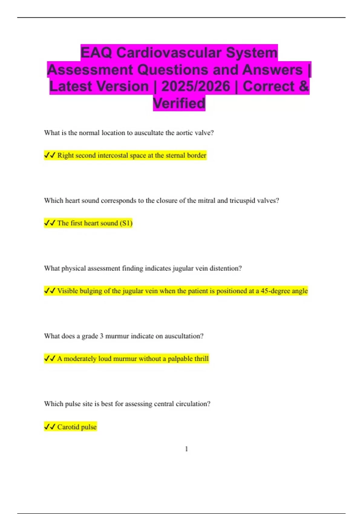 EAQ Cardiovascular System Assessment Questions and Answers | Latest ...