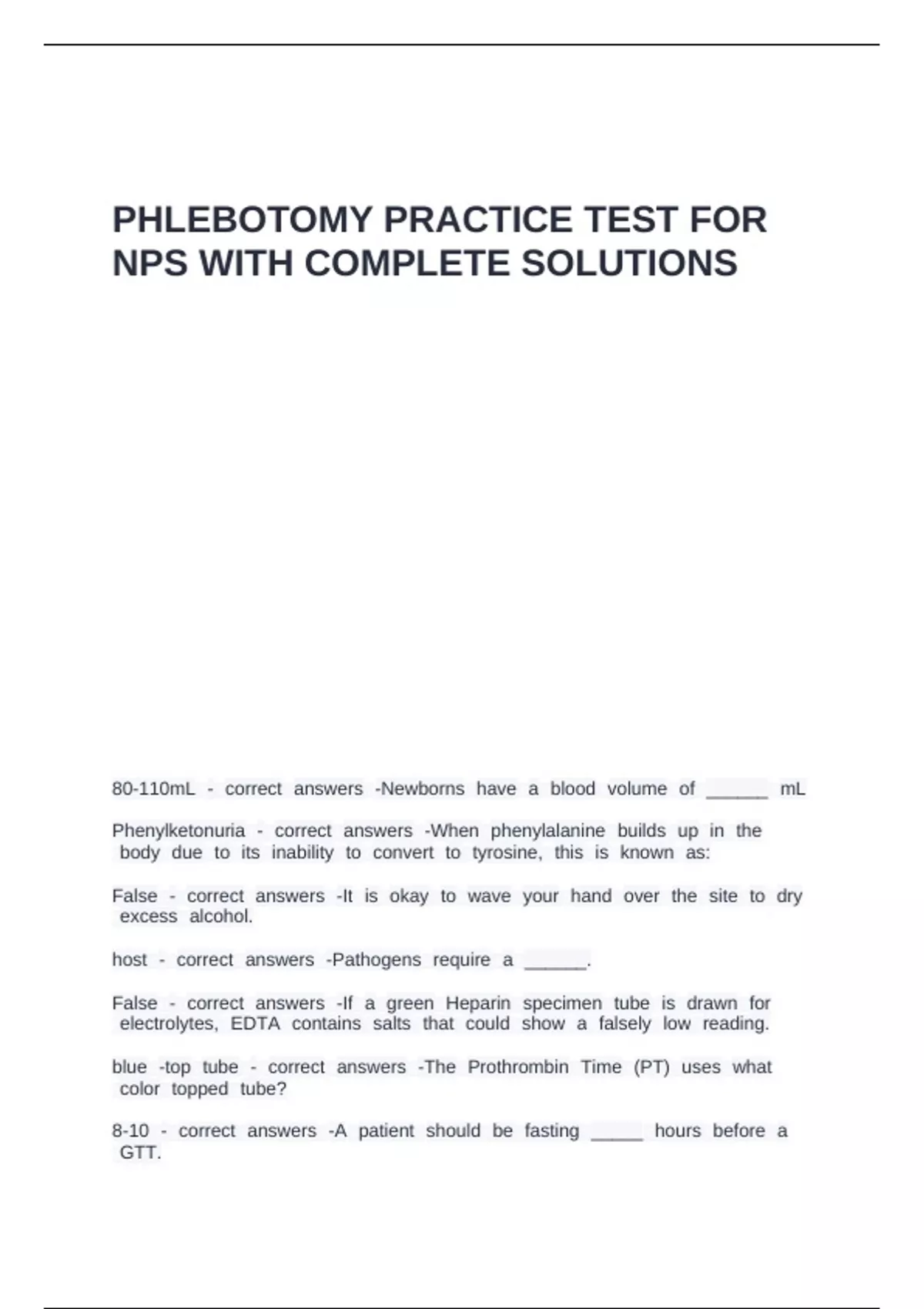 PHLEBOTOMY PRACTICE TEST FOR NPS WITH COMPLETE SOLUTIONS - NPS ...