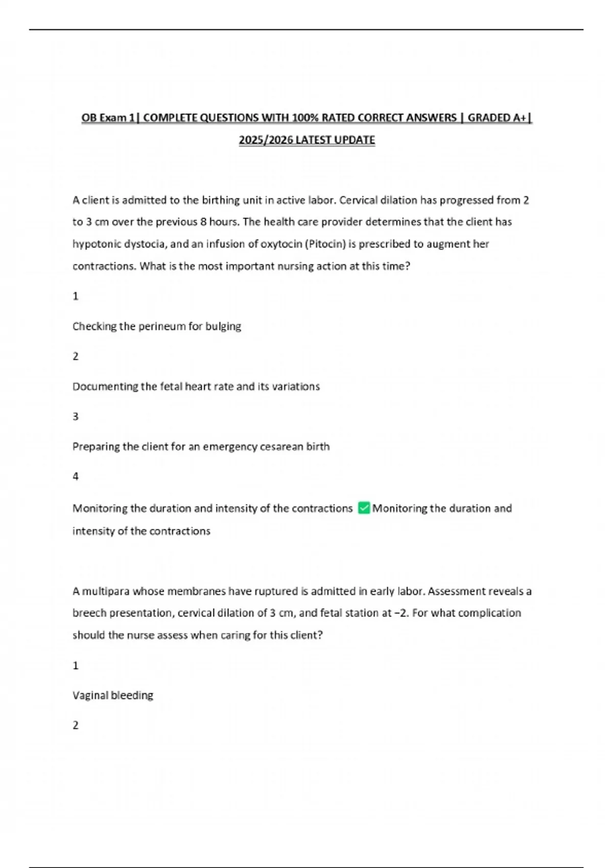 OB Exam 1| COMPLETE QUESTIONS WITH 100% RATED CORRECT ANSWERS | GRADED ...