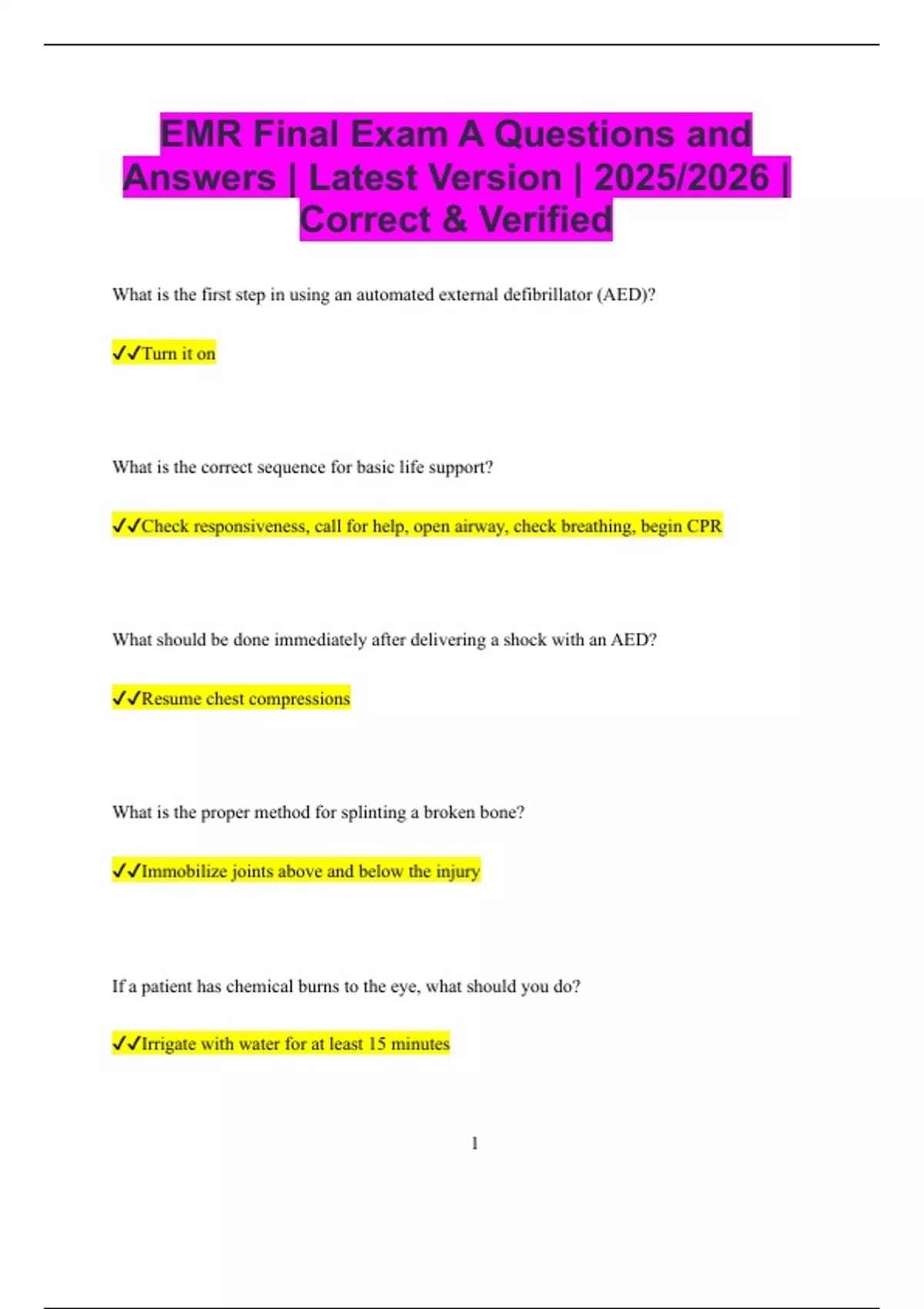 EMR Final Exam A Questions and Answers | Latest Version | 2025/2026 ...