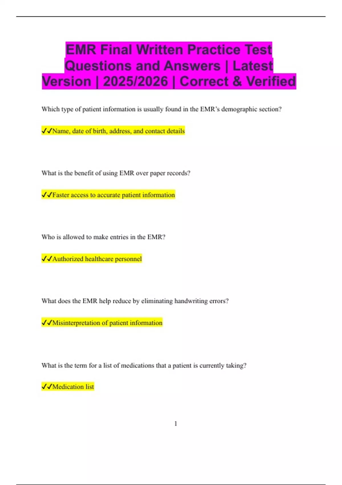 EMR Final Written Practice Test Questions and Answers | Latest Version ...