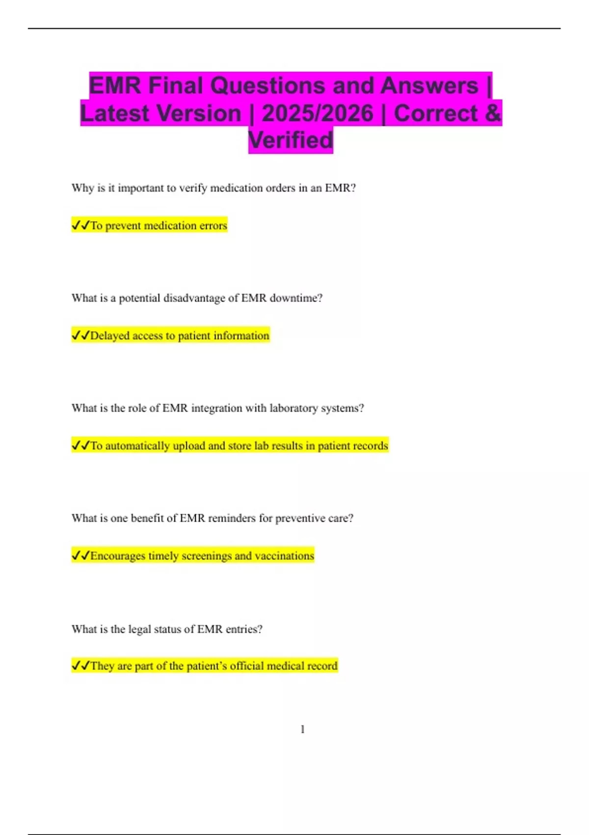 EMR Final Questions and Answers | Latest Version | 2025/2026 | Correct ...