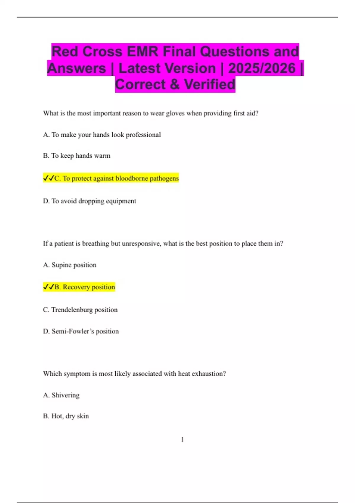 Red Cross EMR Final Questions and Answers | Latest Version | 2025/2026 ...