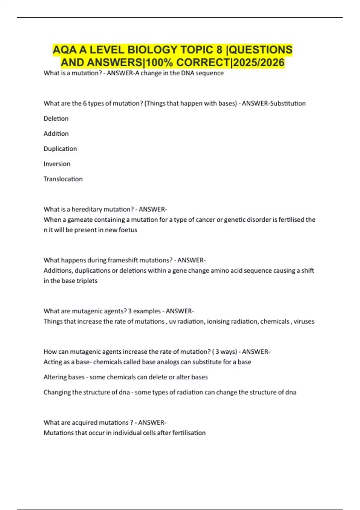 AQA A LEVEL BIOLOGY TOPIC 8 |QUESTIONS AND ANSWERS|100% CORRECT|2025/ ...