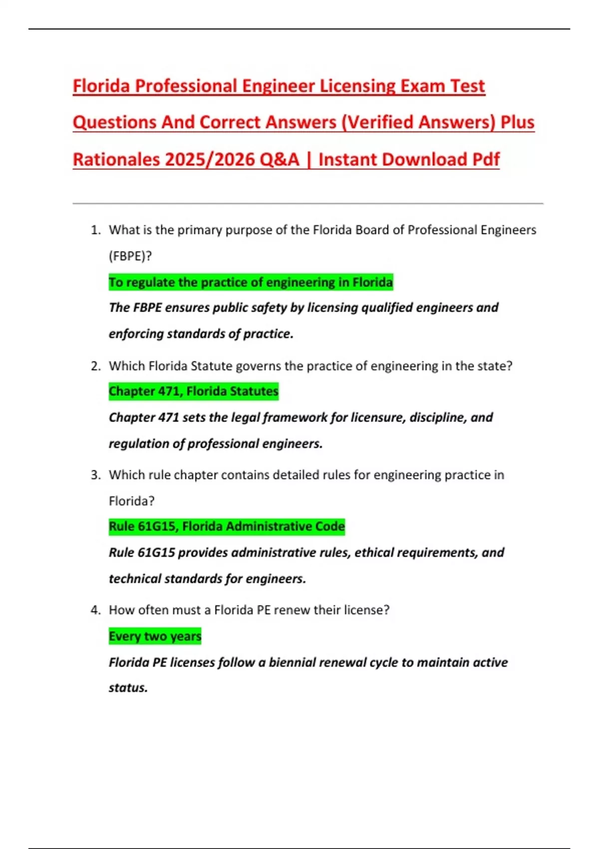 Florida Professional Engineer Licensing Exam Test Questions And Correct ...