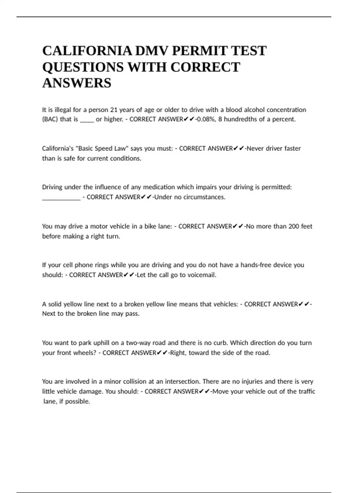 CALIFORNIA DMV PERMIT TEST QUESTIONS WITH CORRECT ANSWERS - CALIFORNIA ...