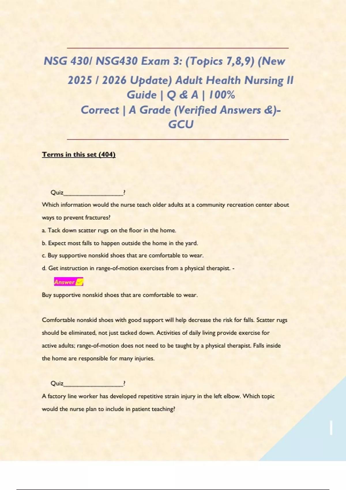 NSG 430/ NSG430 Exam 3: (Topics 7,8,9) (New 2025 / 2026 Update) Adult ...