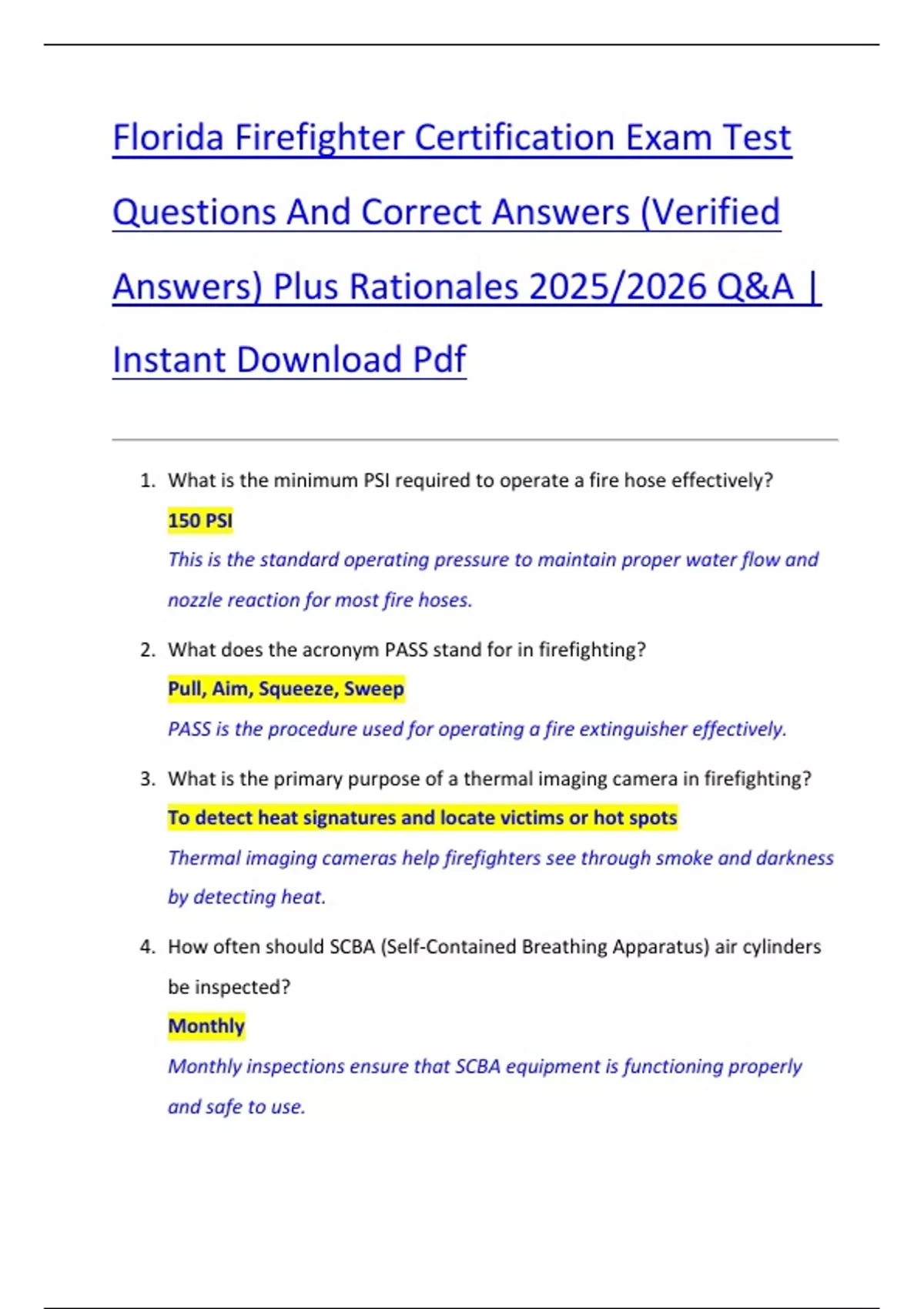 Florida Firefighter Certification Exam Test Questions And Correct ...