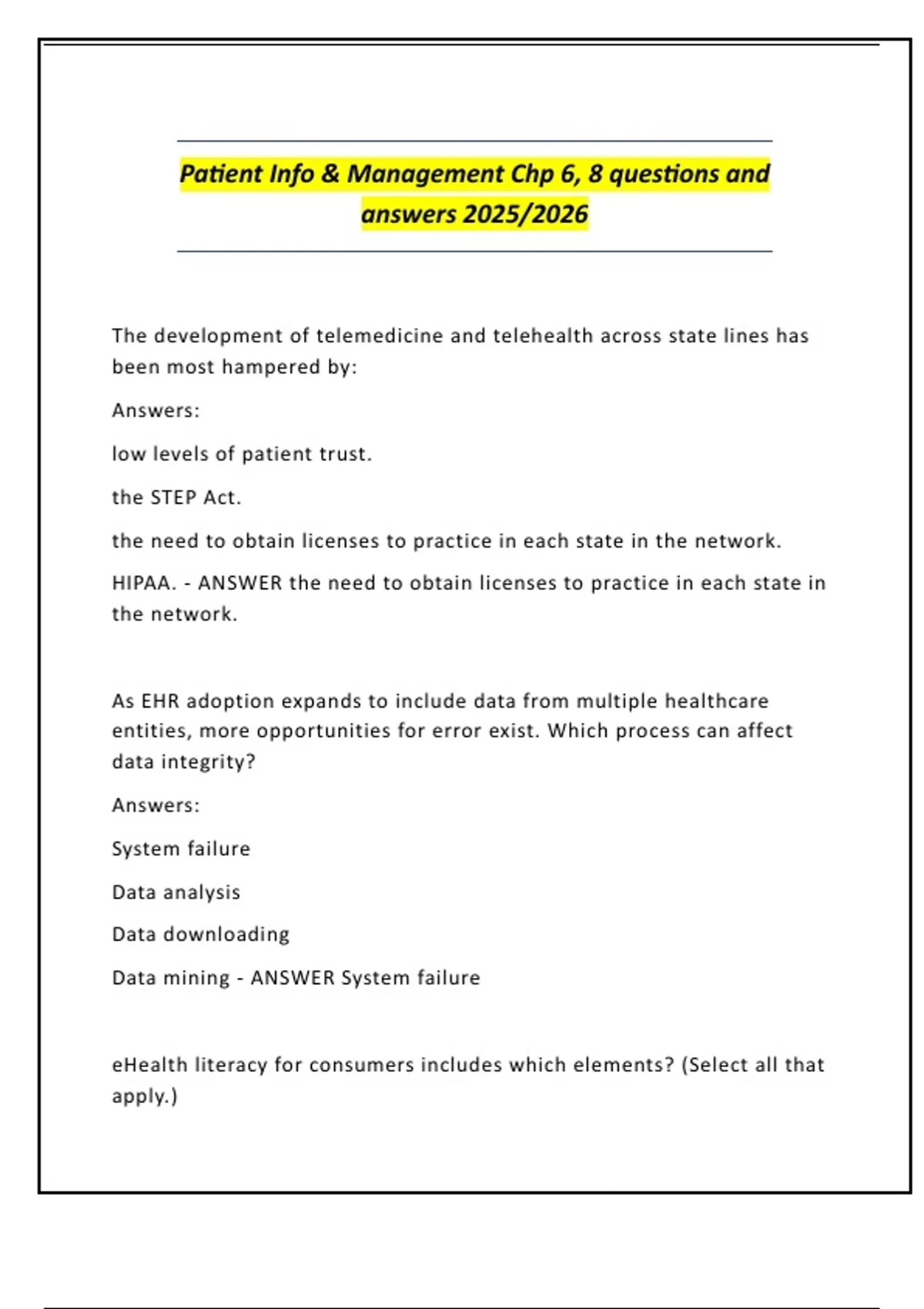 Patient Info & Management Chp 6, 8 questions and answers 2025/2026 ...
