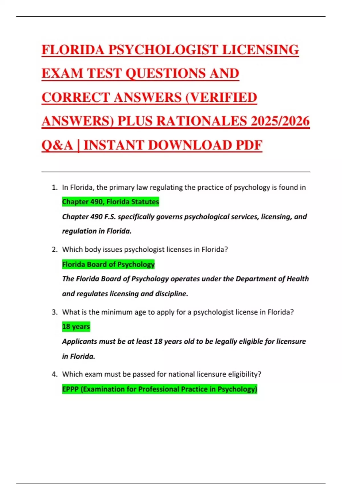 FLORIDA PSYCHOLOGIST LICENSING EXAM TEST QUESTIONS AND CORRECT ANSWERS ...