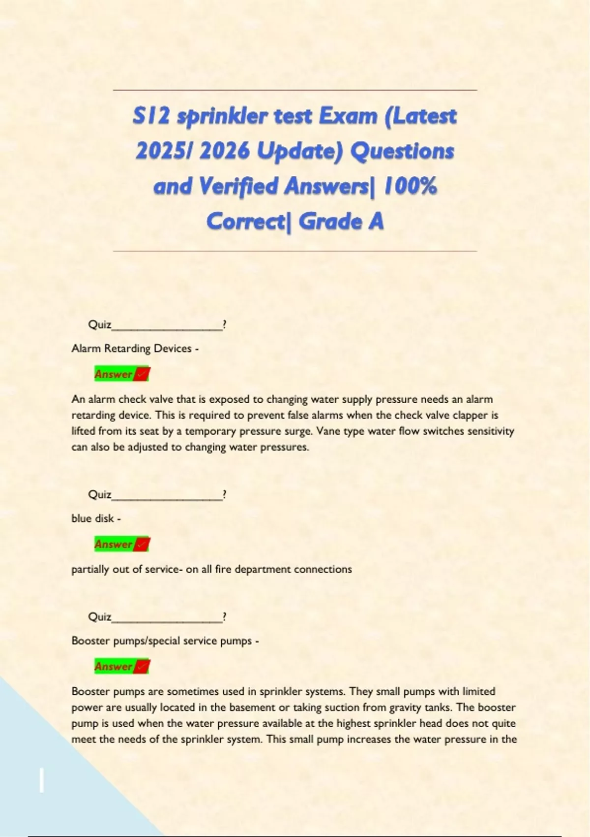 S12 sprinkler test Exam (Latest 2025/ 2026 Update) Questions and ...