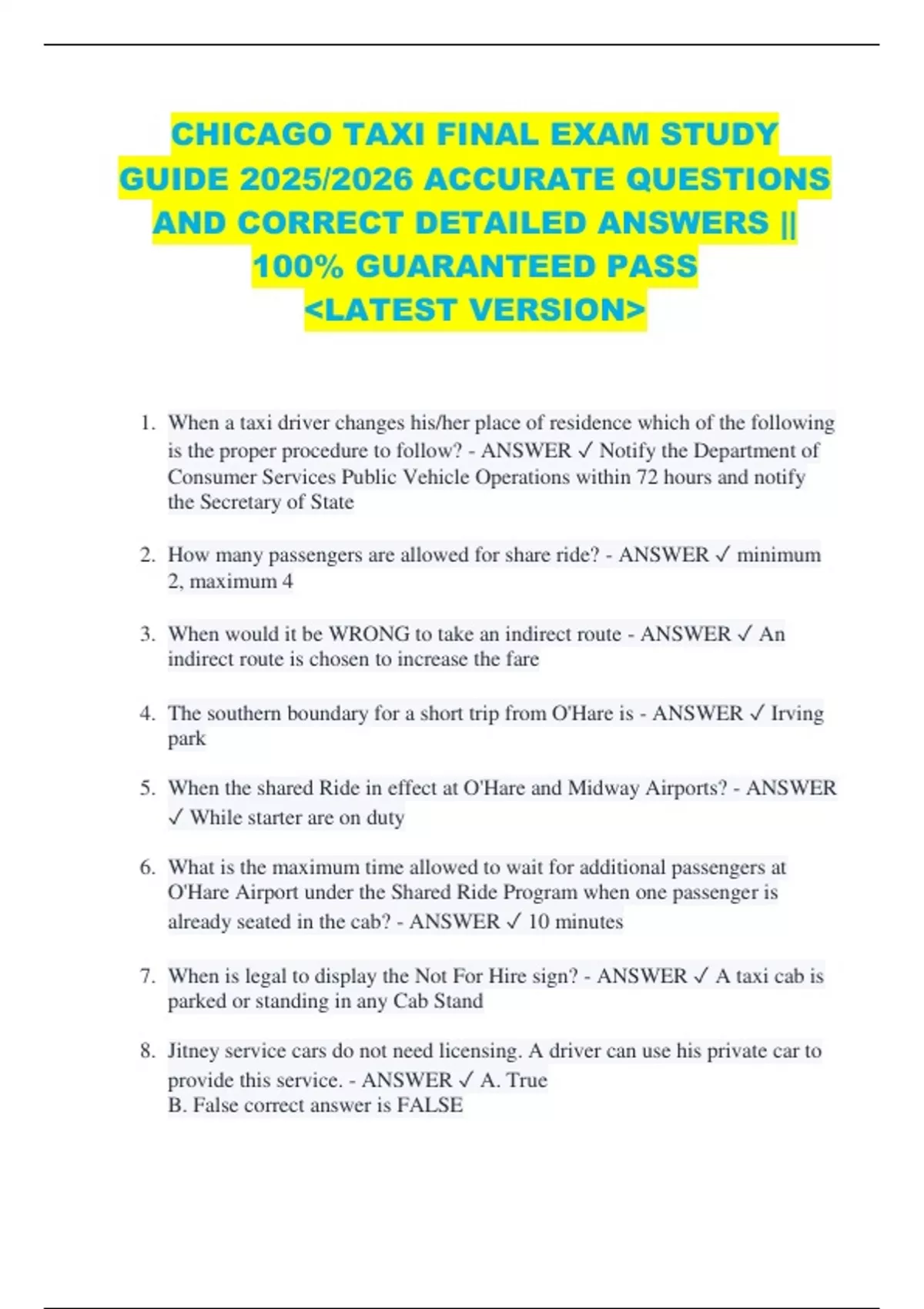 CHICAGO TAXI FINAL EXAM STUDY GUIDE 2025/2026 ACCURATE QUESTIONS AND ...