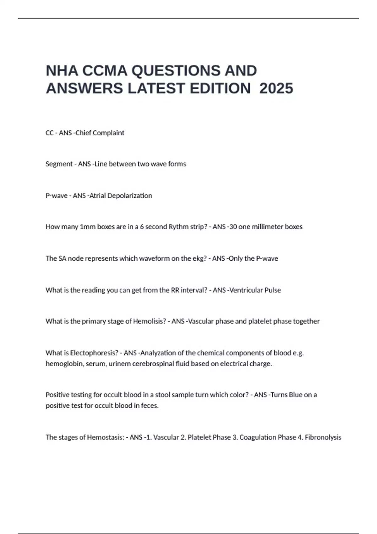 NHA CCMA QUESTIONS AND ANSWERS LATEST EDITION 2025 - NHA CCMA - Stuvia US