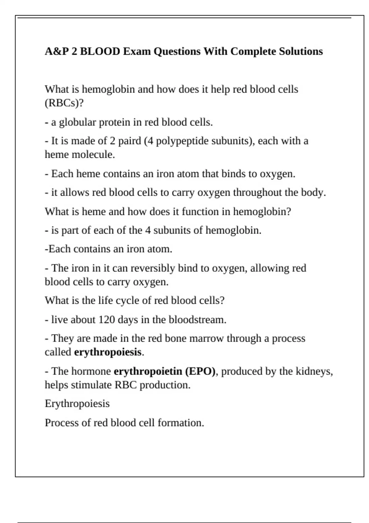 A&P 2 BLOOD Exam Questions With Complete Solutions - A&P - Stuvia US