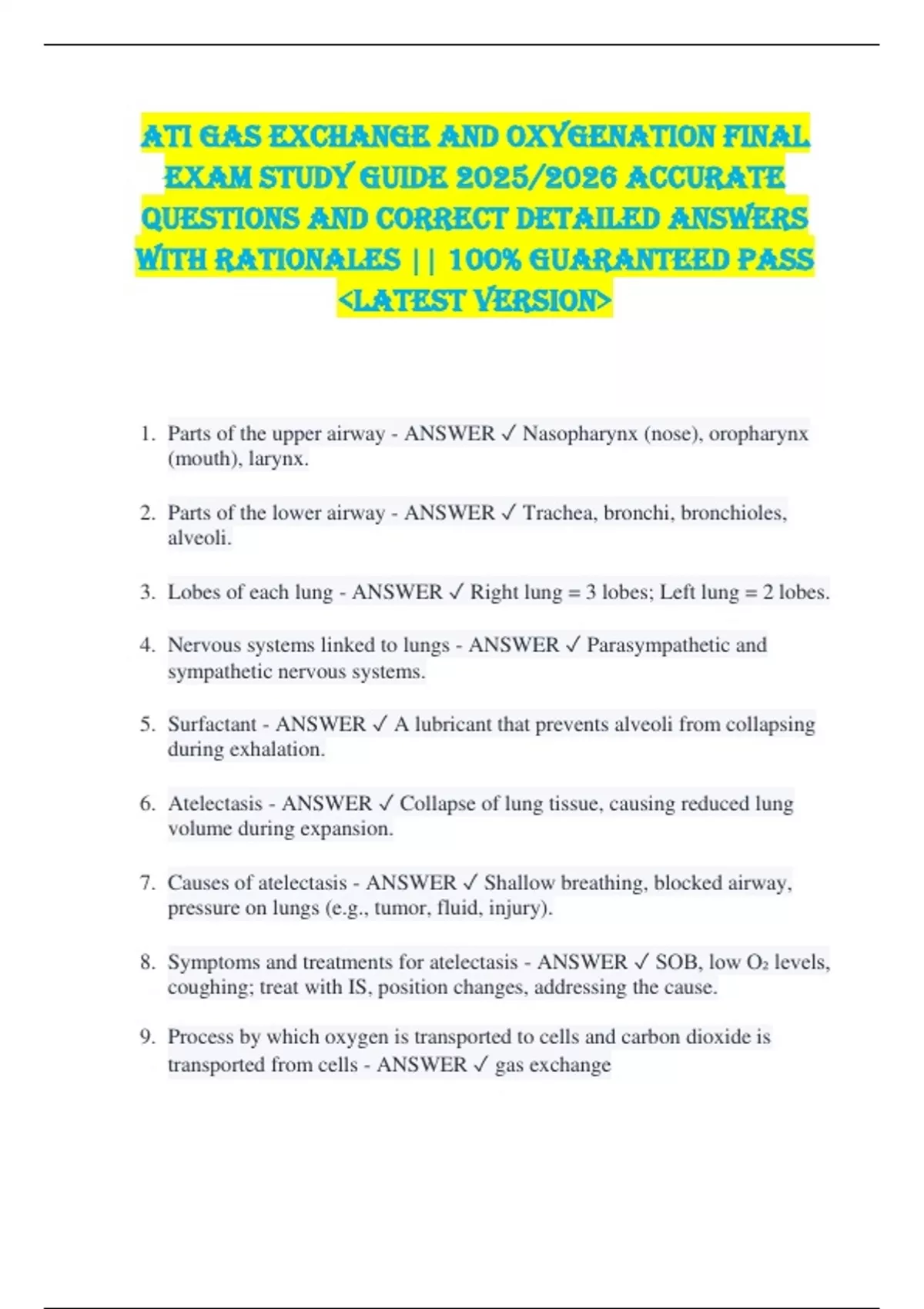 ATI Gas Exchange and Oxygenation FINAL EXAM STUDY GUIDE 2025/2026 ...