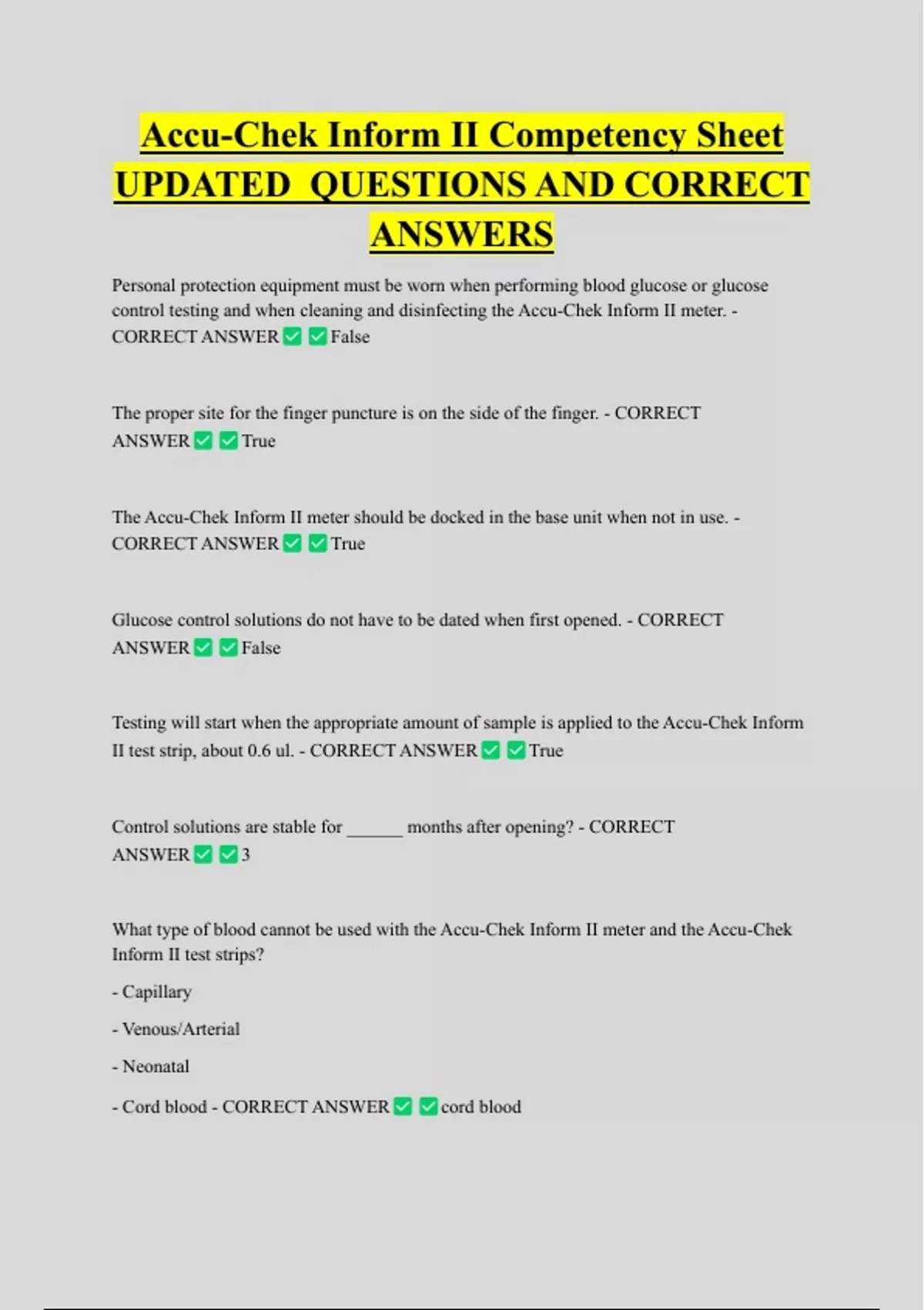 Accu-Chek Inform II Competency Sheet UPDATED QUESTIONS AND CORRECT ...