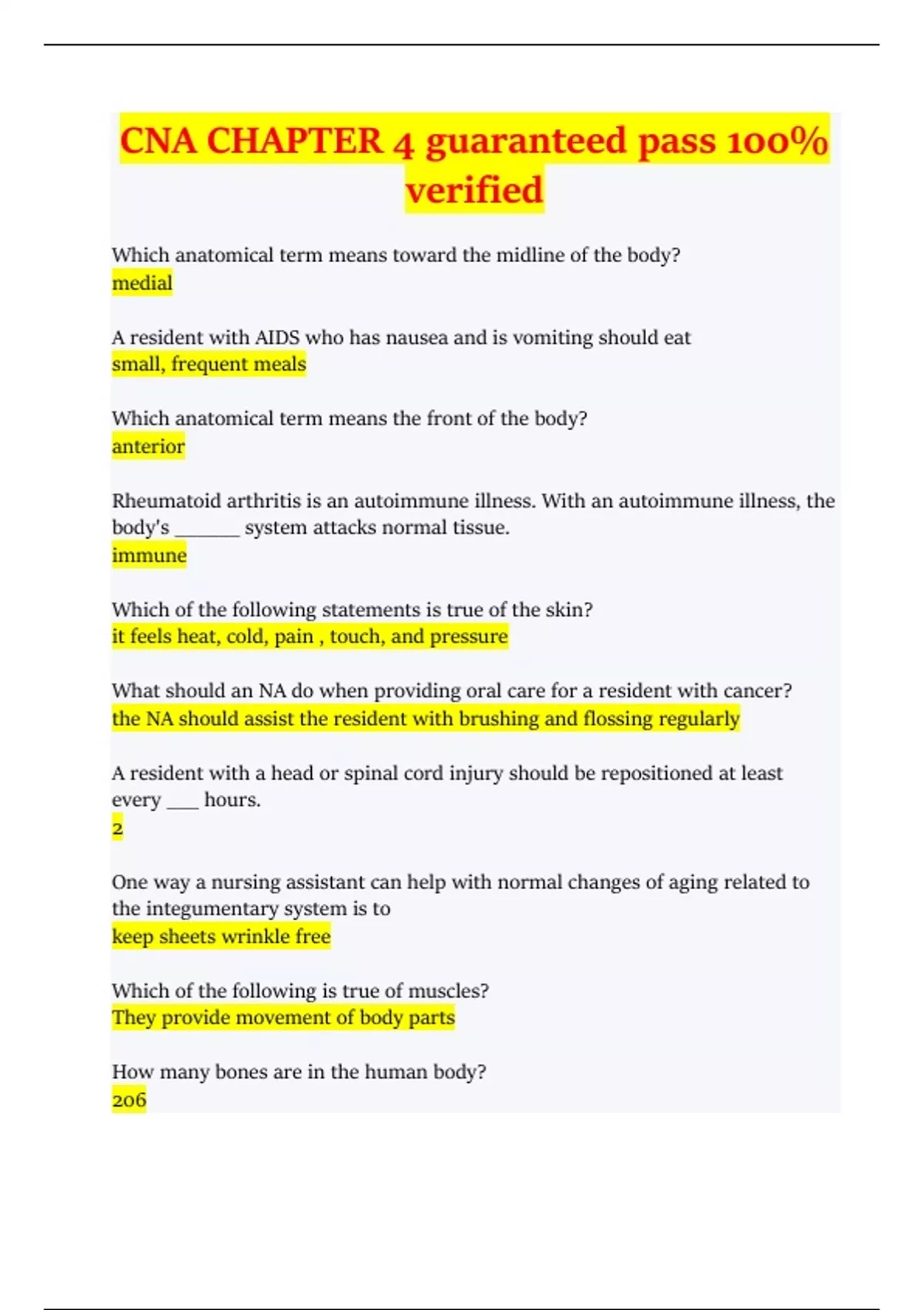 CNA Chapter 4 Exam Questions & Answers (100% Verified) – Anatomy, Chronic Conditions & Care ...