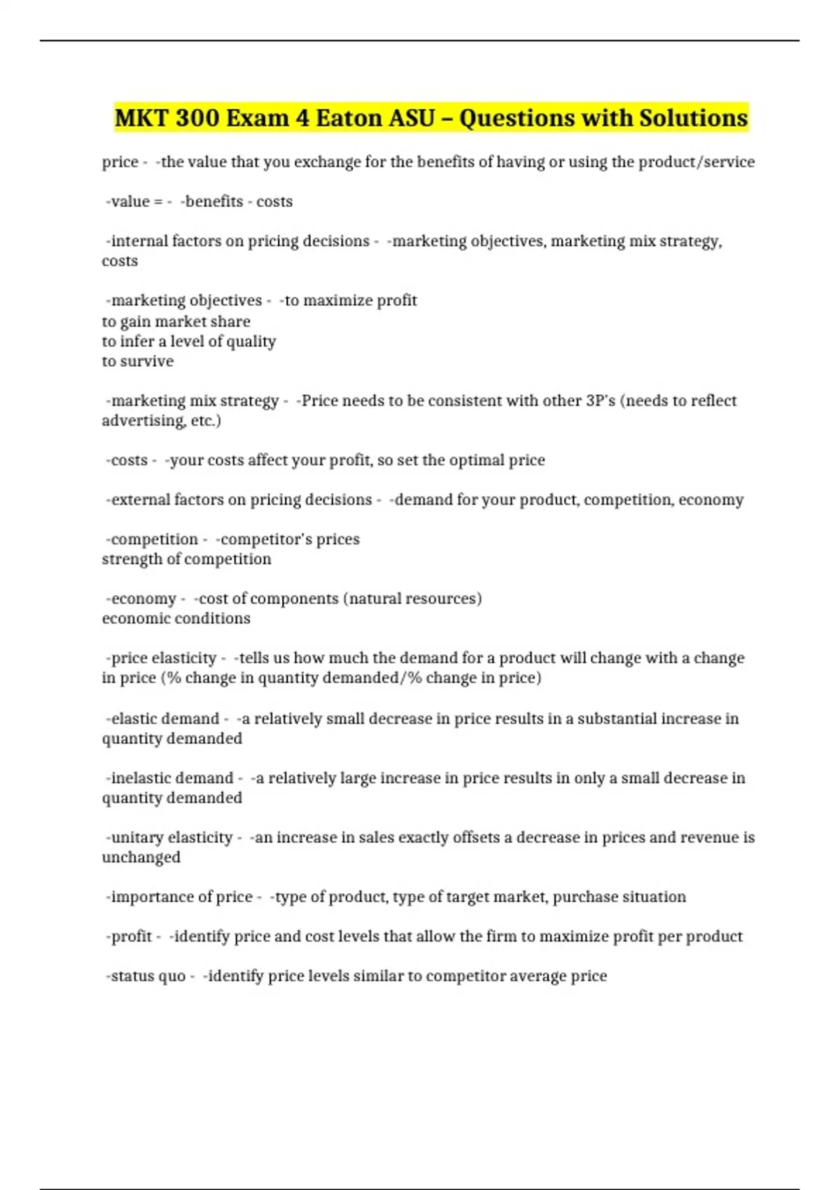 MKT 300 Exam 4 Eaton ASU – Questions with Solutions - MKT 300 - Stuvia US