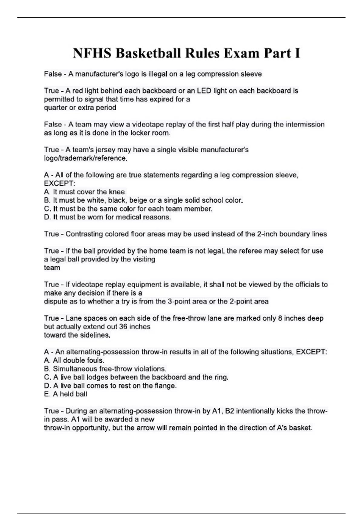 NFHS Basketball Rules Exam Part I (updated for 2024/2025) – verified ...