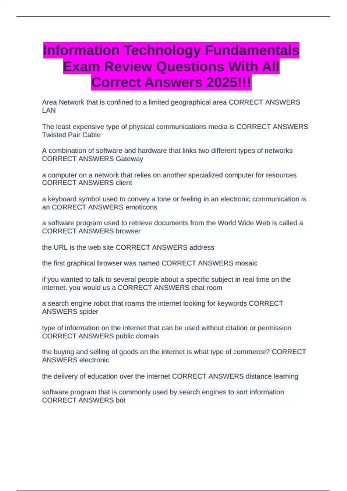 Introduction to Information Technology Final Exam Questions With ...