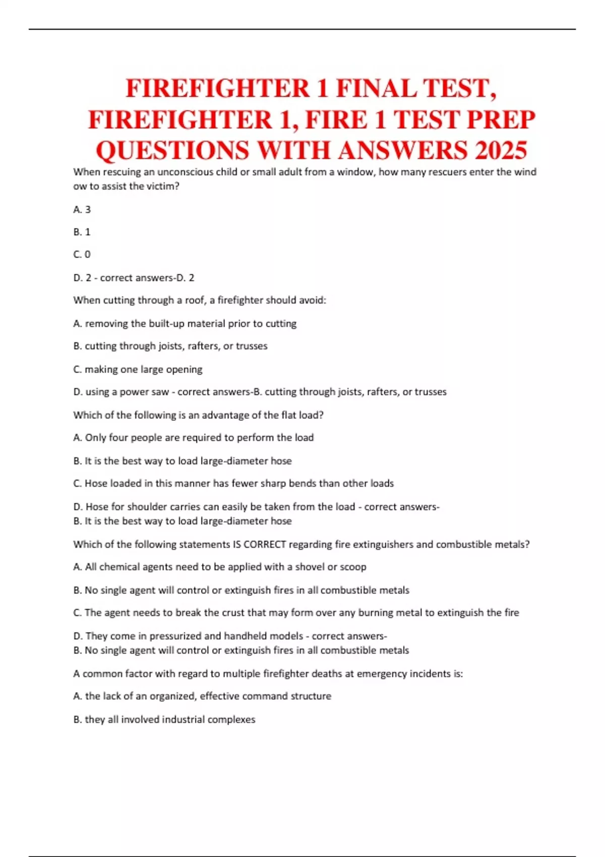 Firefighter 1 Final Exam Prep 2025 | Complete Question Bank with Correct Answers | NFPA Fire 1 ...