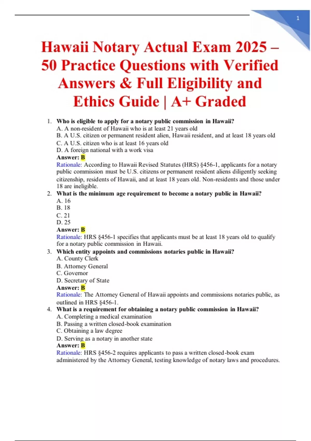 Hawaii Notary Actual Exam 2025 – 50 Practice Questions with Verified ...