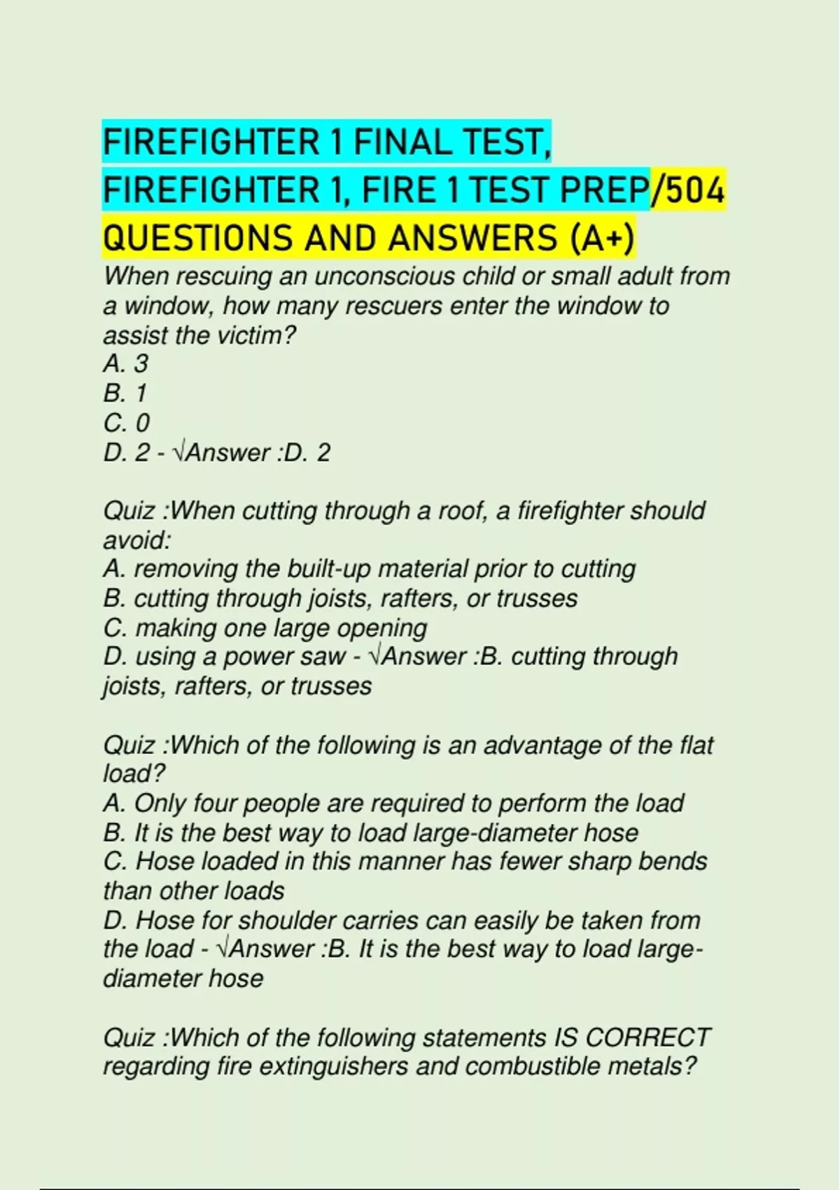 Firefighter 1 Final Exam Prep | 504 Practice Questions with Correct ...