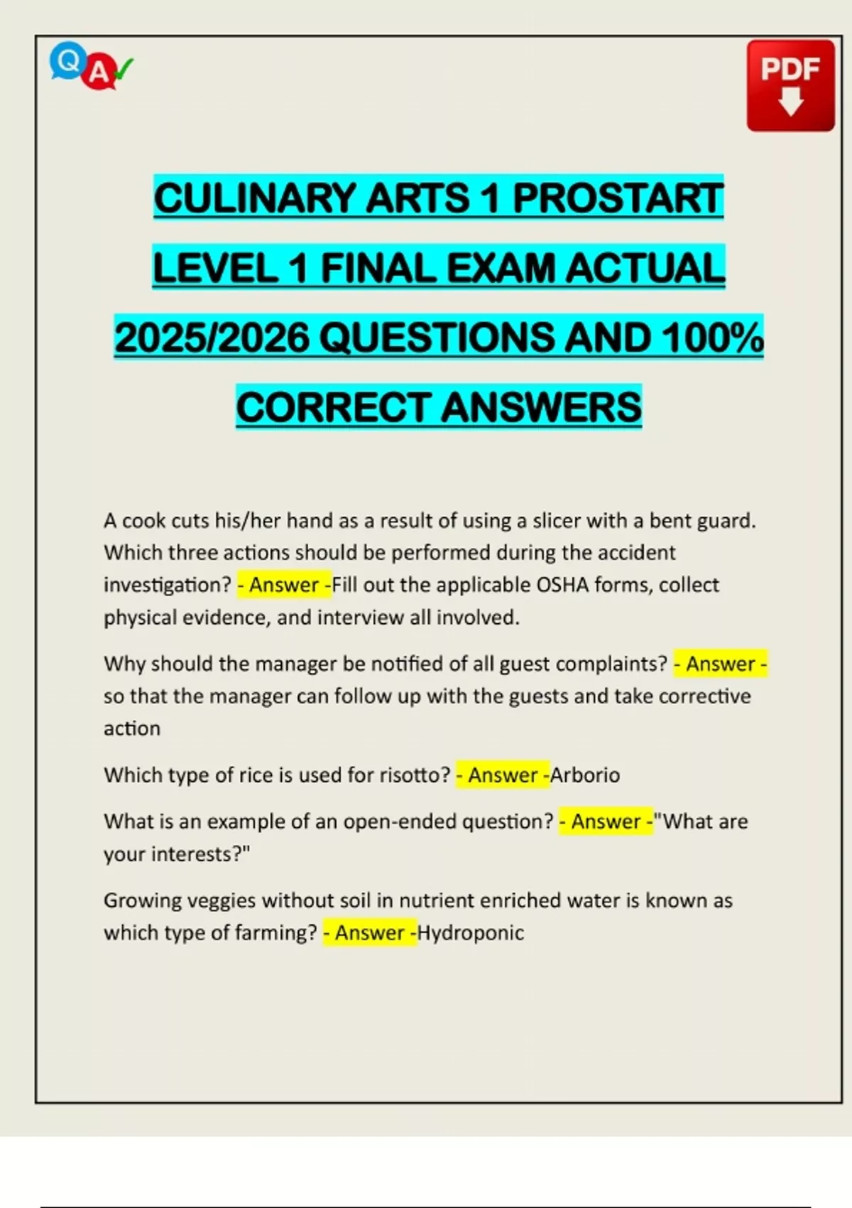 CULINARY ARTS 1 PROSTART LEVEL 1 FINAL EXAM ACTUAL 2025/2026 QUESTIONS ...