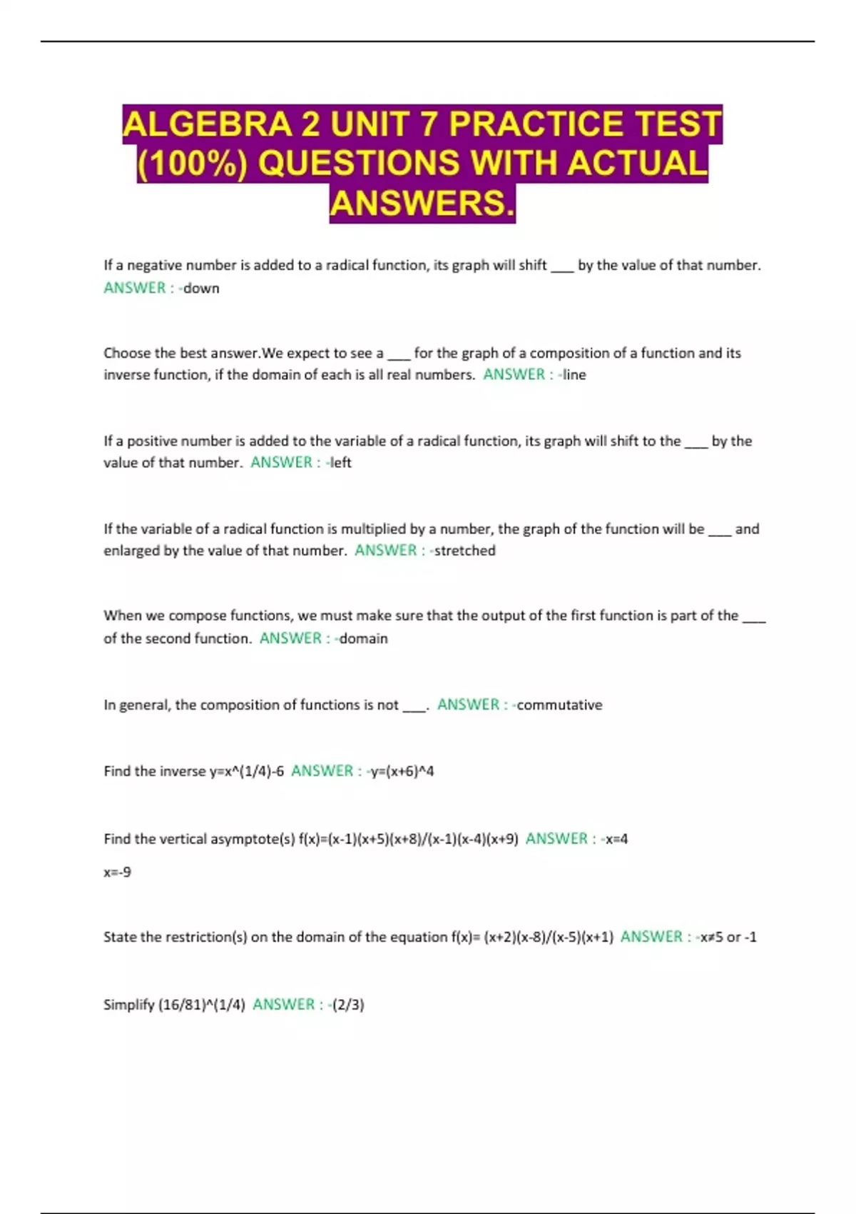 ALGEBRA 2 UNIT 7 PRACTICE TEST (100%) QUESTIONS WITH ACTUAL ANSWERS ...