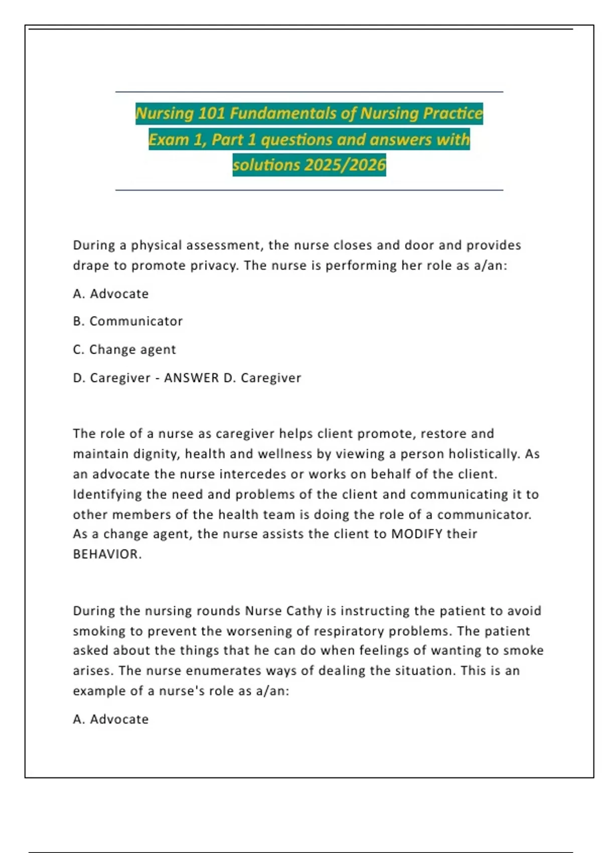 Nursing 101 Fundamentals Of Nursing Practice Exam 1 Part 1 Questions