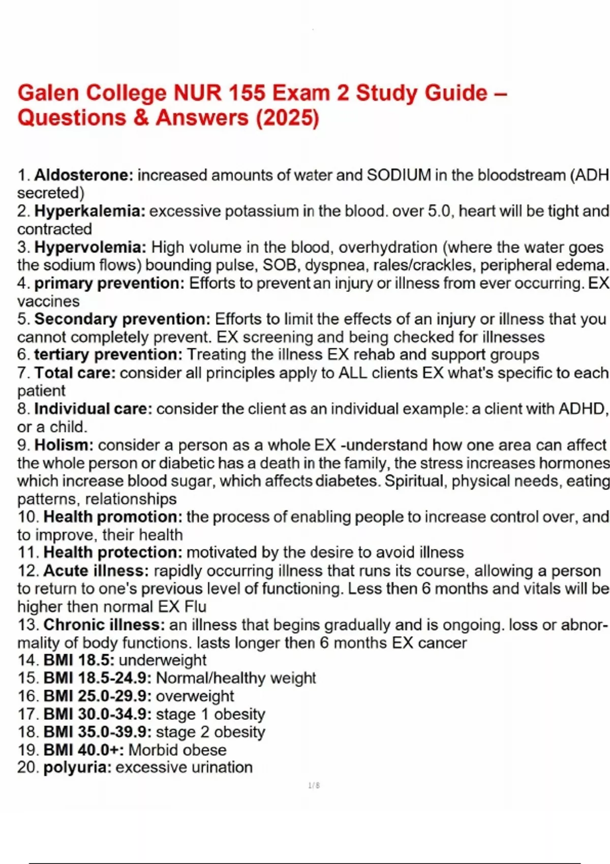 Galen College NUR 155 Exam 2 Study Guide – Questions & Answers (2025 ...