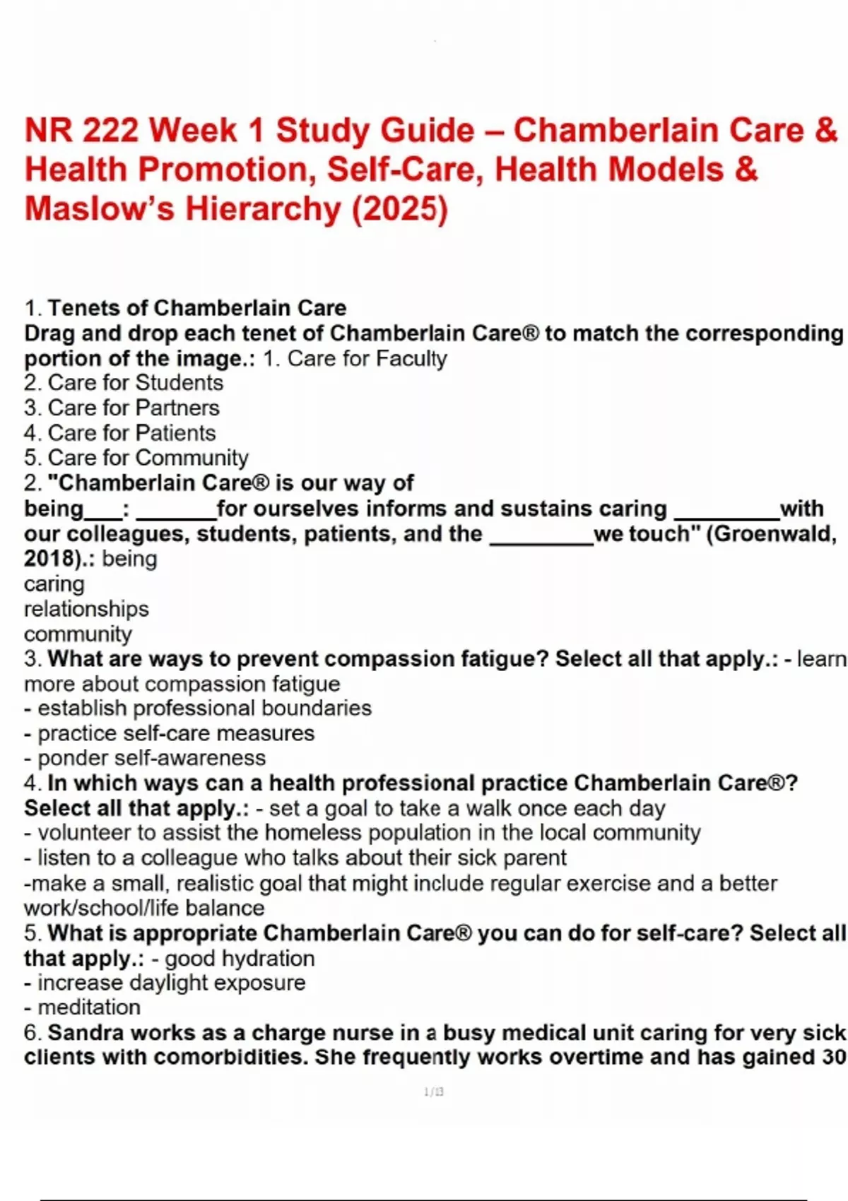 NR 222 Week 1 Study Guide – Chamberlain Care & Health Promotion, Self ...