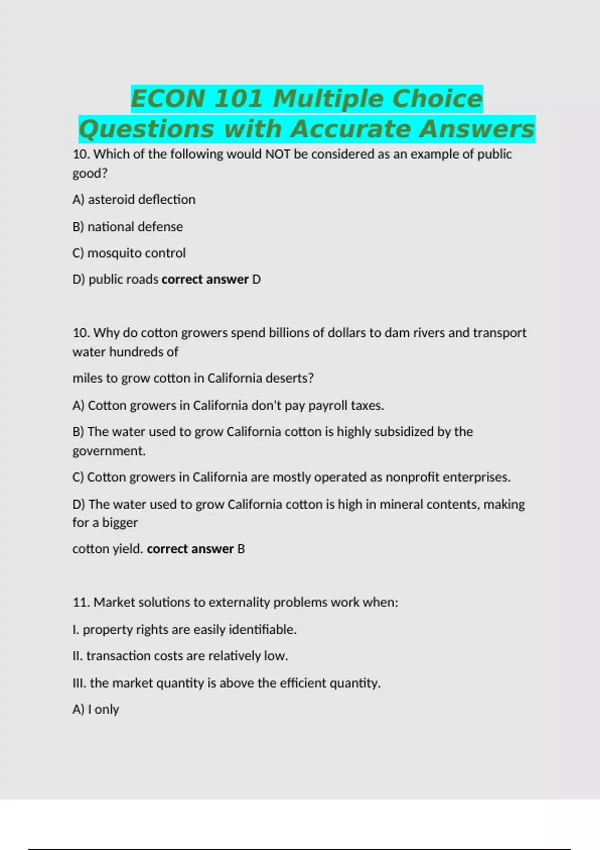 ECON 101 Multiple Choice Questions with Accurate Answers - Econ 101 ...