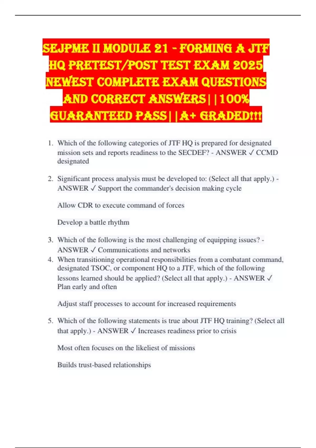 SEJPME II Module 21 - Forming a JTF HQ Pretest/Post Test EXAM 2025 ...