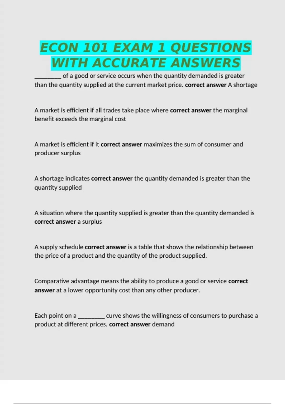 ECON 101 EXAM 1 QUESTIONS WITH ACCURATE ANSWERS - Econ 101 - Stuvia US