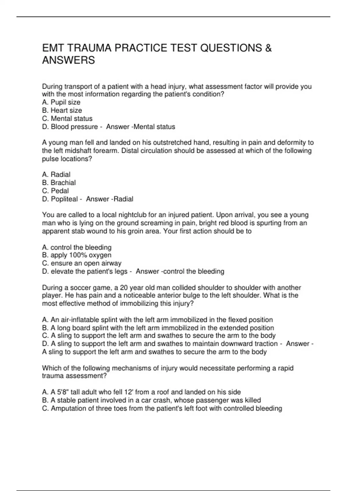 EMT TRAUMA PRACTICE TEST QUESTIONS & ANSWERS - EMT TRAUMA - Stuvia US