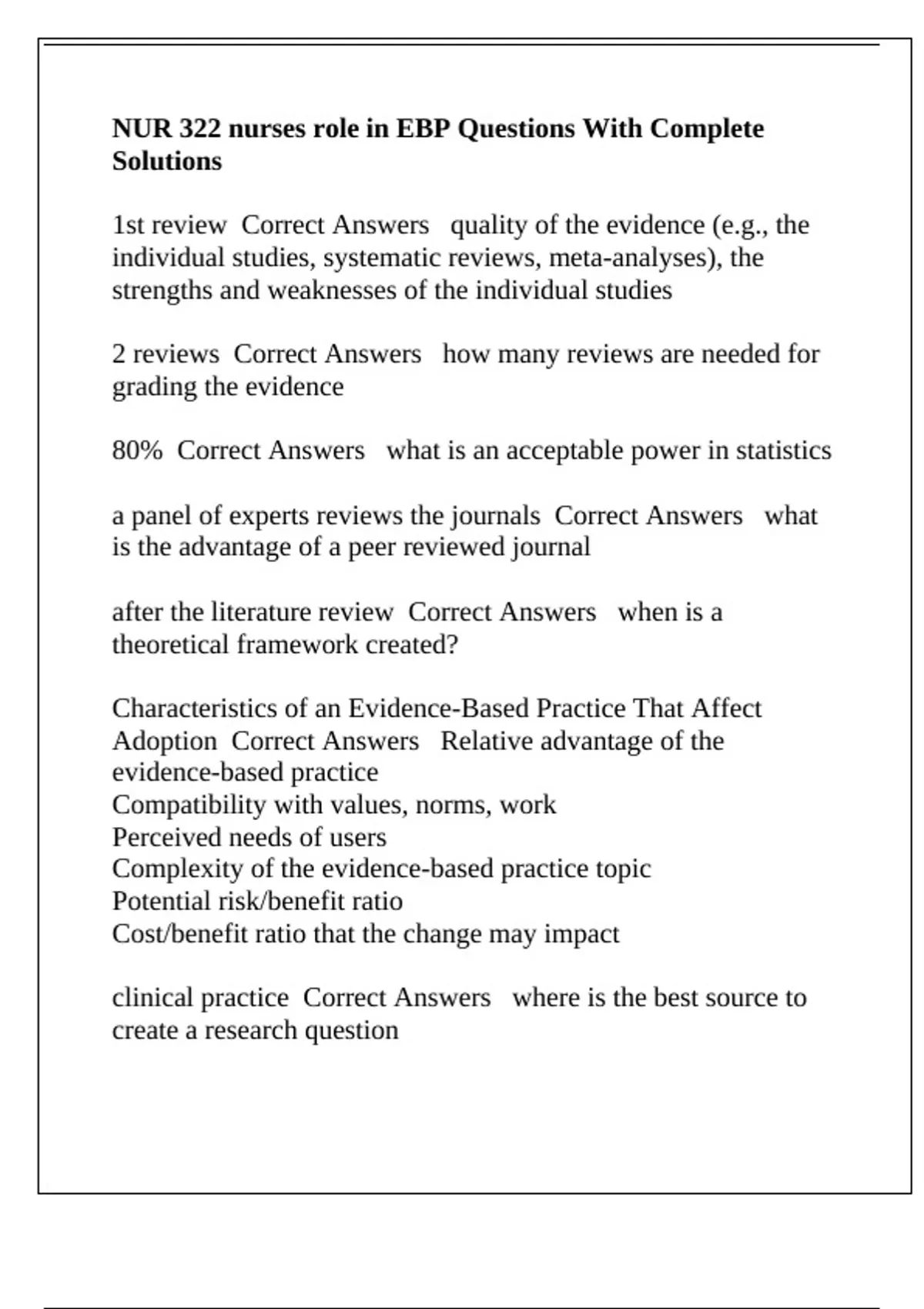 NUR 322 nurses role in EBP Questions With Complete Solutions - NUR 322 ...