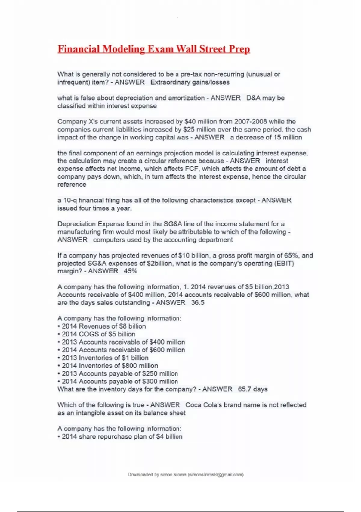 Financial Modeling Exam Review Notes (Wall Street Prep) / Score 100% ...