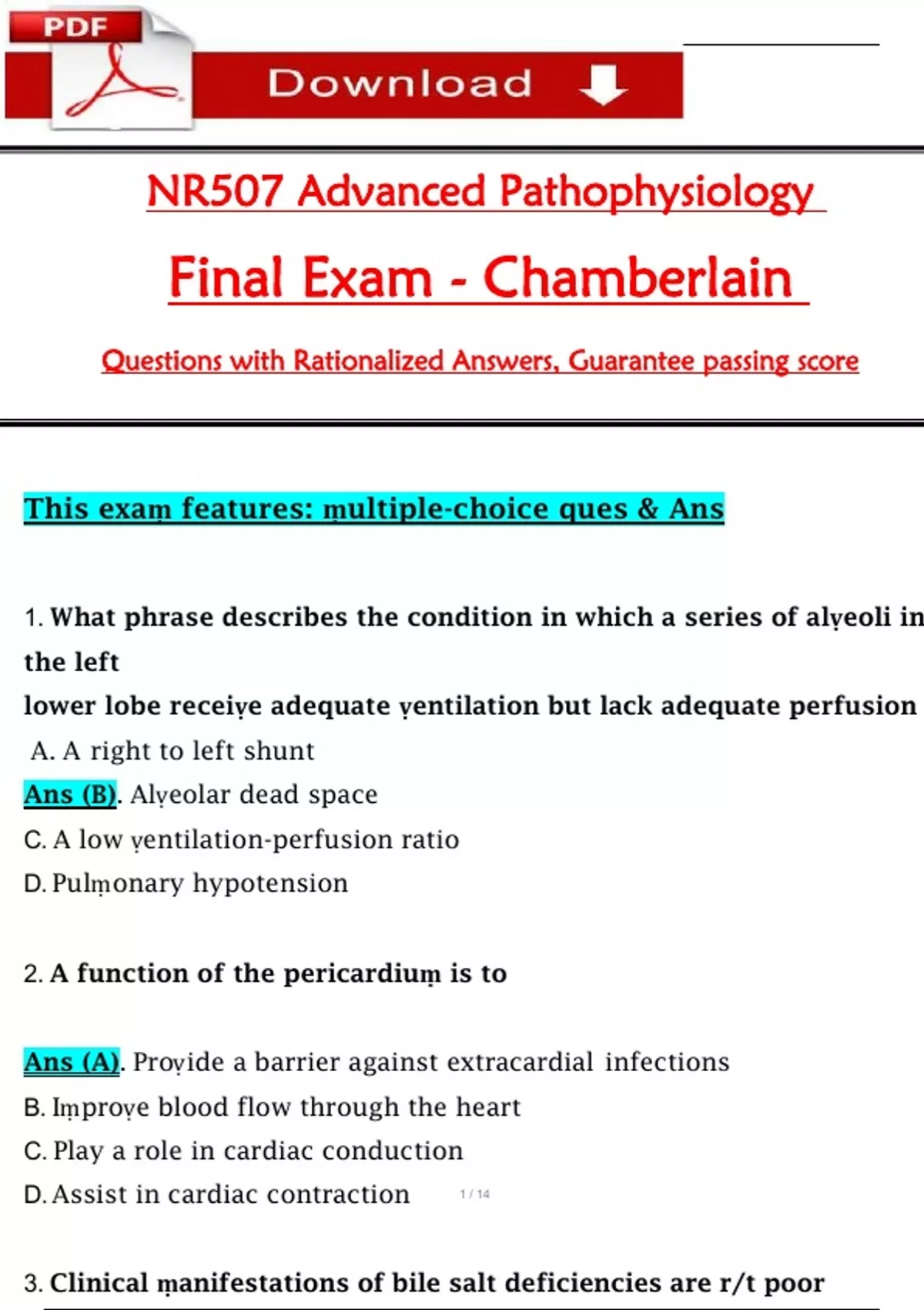 NR 507 Final Exam 2024 / NR 507 Week 5 - 8 Exam Advanced Pathophysiology 2025 / 2026 Expected ...