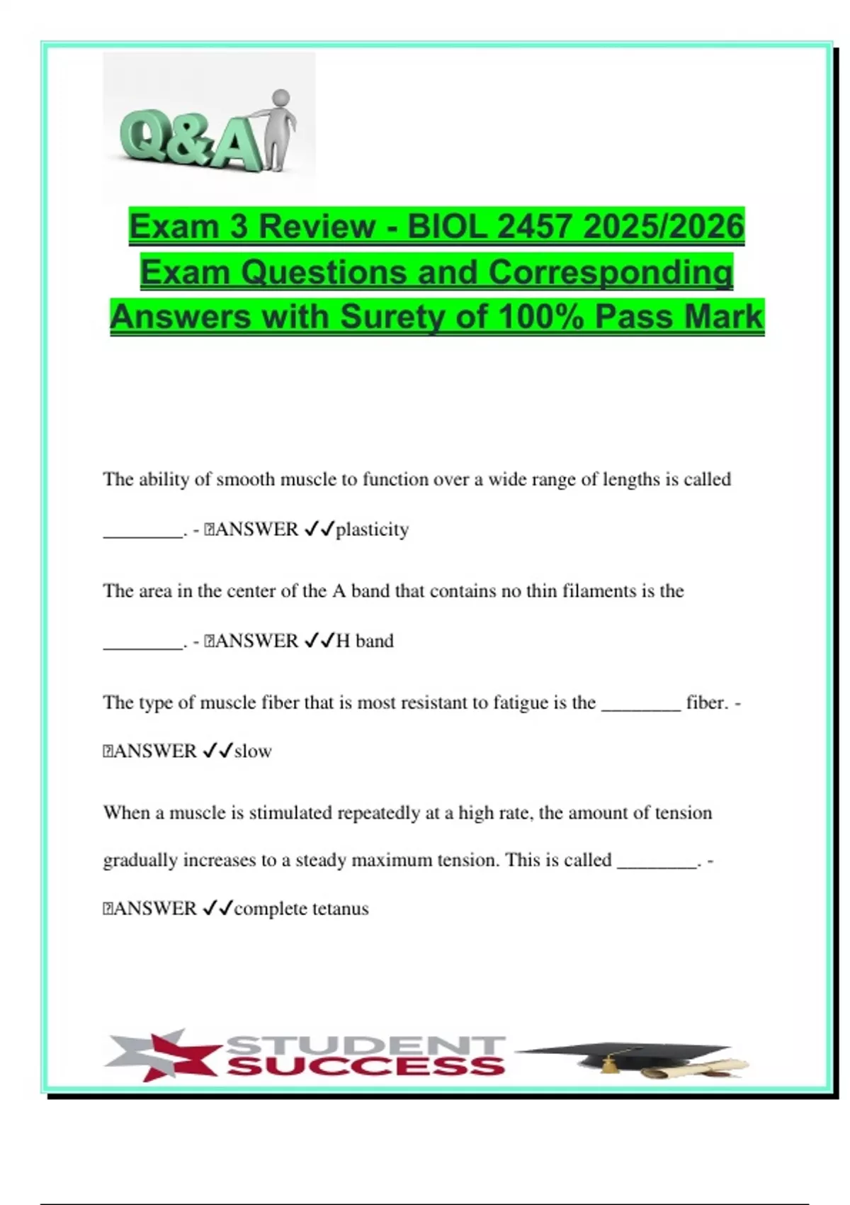 BIOL 2457 Exam 3 Review 2025/2026 – 200+ Verified Questions & Correct Answers | Muscle ...
