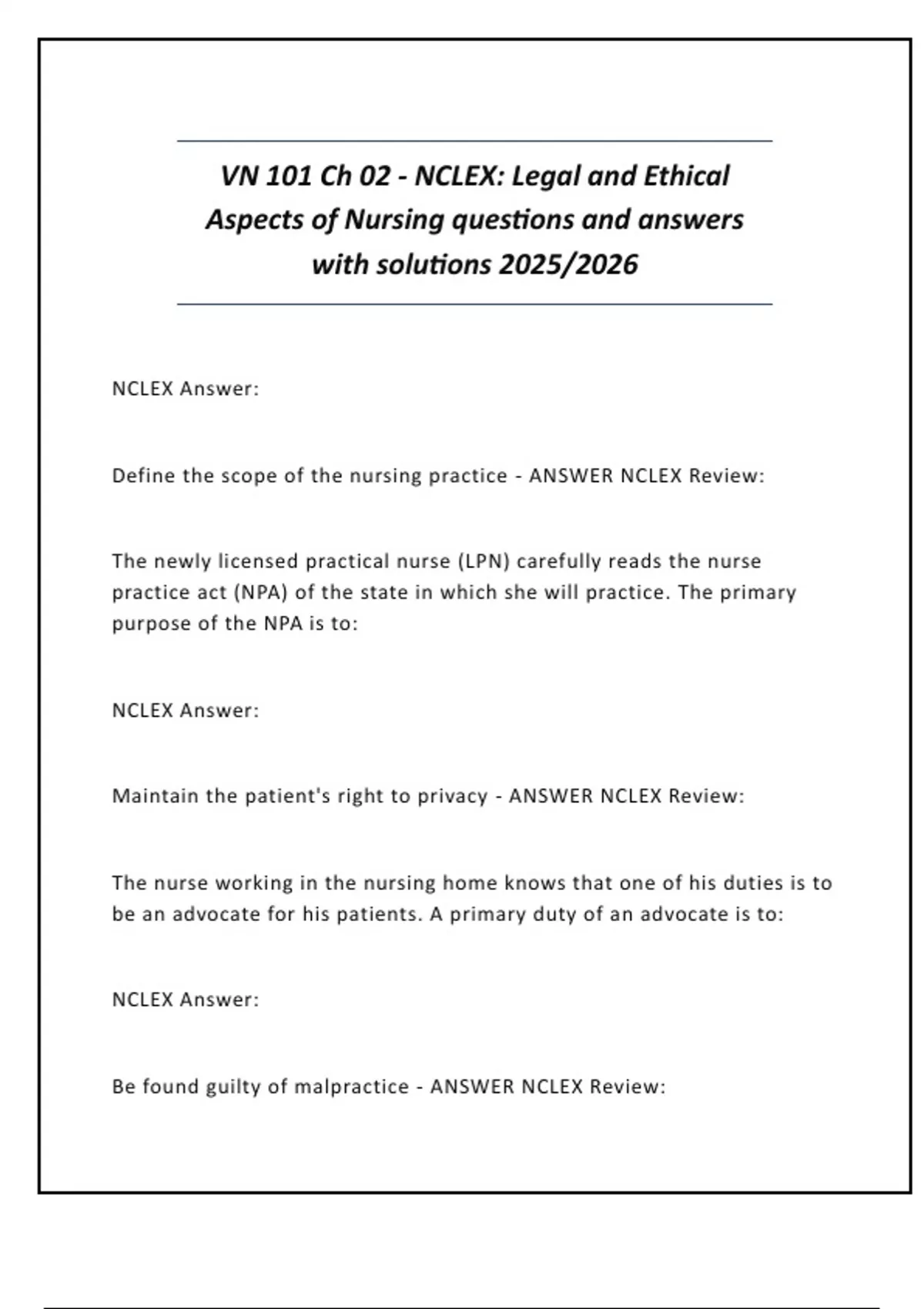 VN 101 Ch 02 - NCLEX: Legal and Ethical Aspects of Nursing questions ...