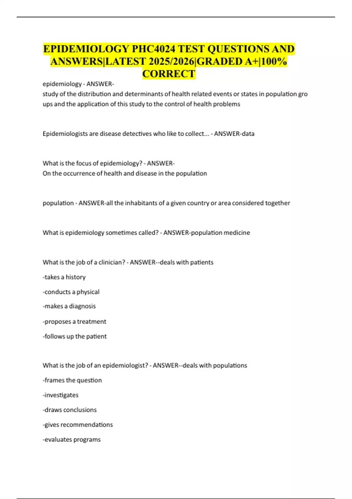 EPIDEMIOLOGY PHC4024 TEST QUESTIONS AND ANSWERS|LATEST 2025/2026|GRADED ...