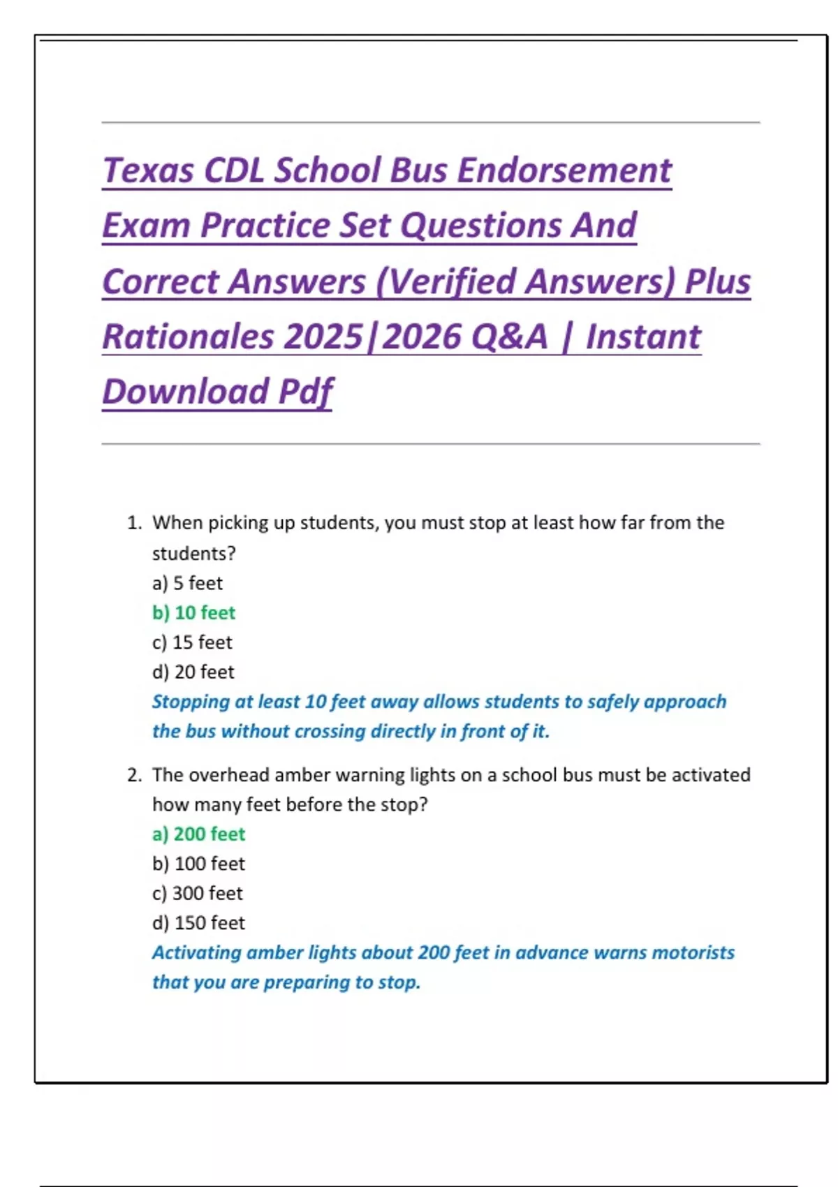Texas CDL School Bus Endorsement Exam Practice Set Questions And ...