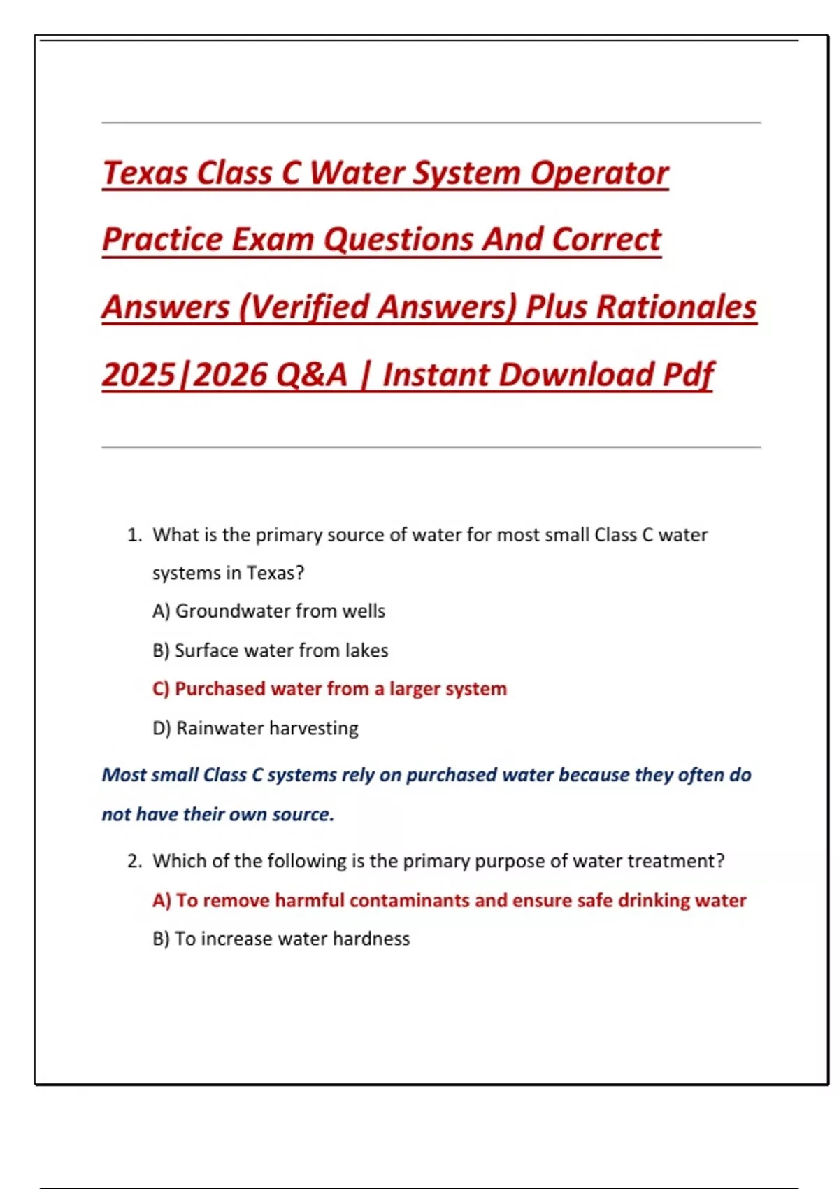 Texas Class C Water System Operator Practice Exam Questions And Correct ...