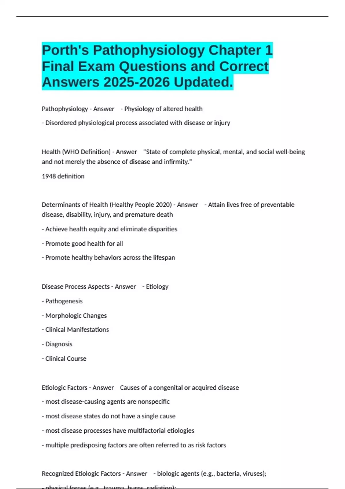 Porth's Pathophysiology Chapter 1 Final Exam Questions and Correct ...