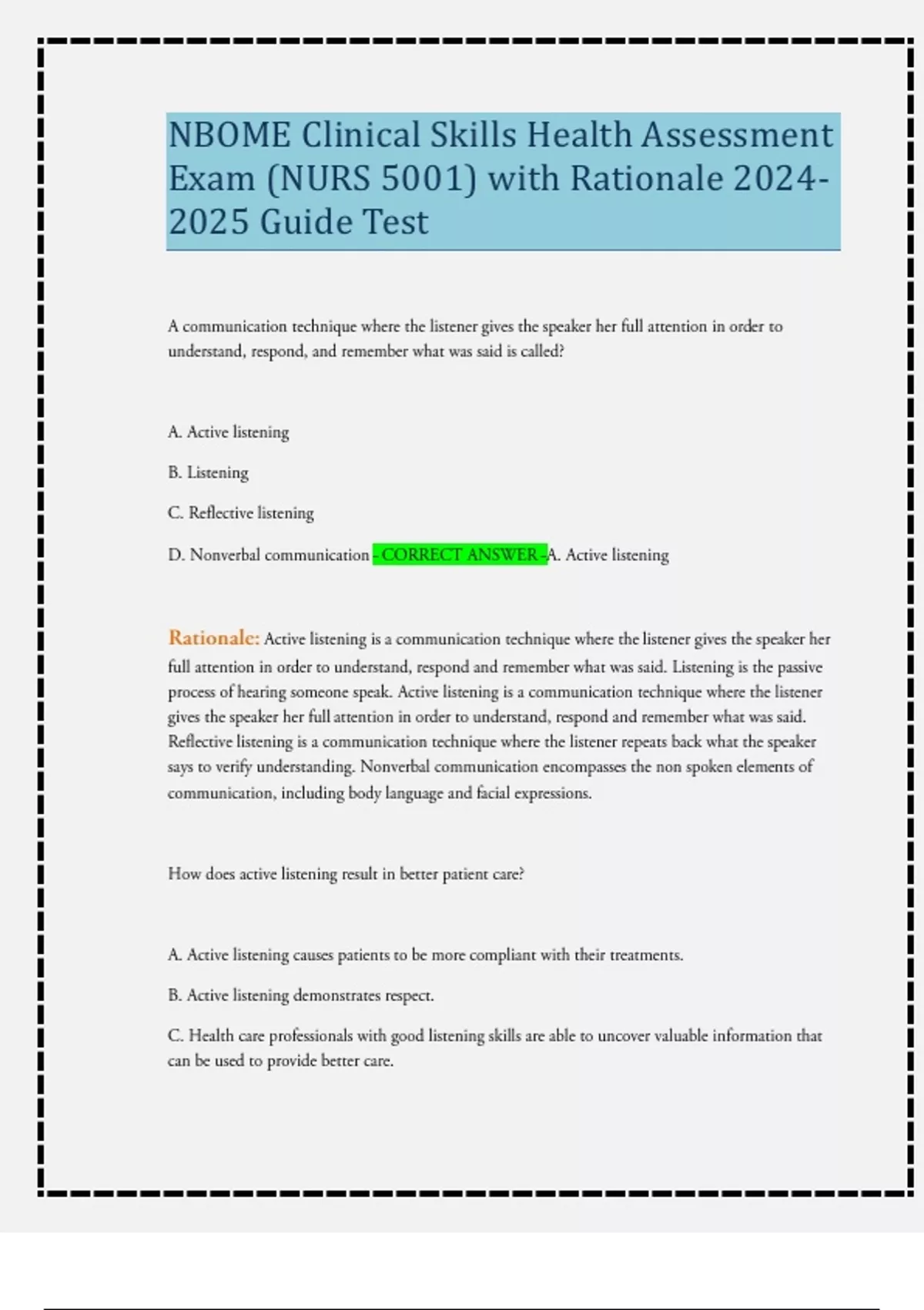 NBOME Clinical Skills Health Assessment Exam (NURS 5001) with Rationale ...