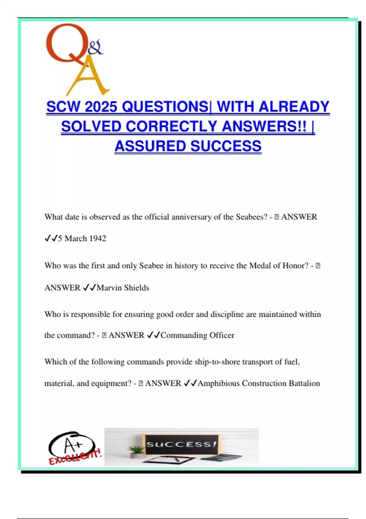 SCW Exam Prep 2025/2026 – 300 Questions with 100% Correct Answers ...